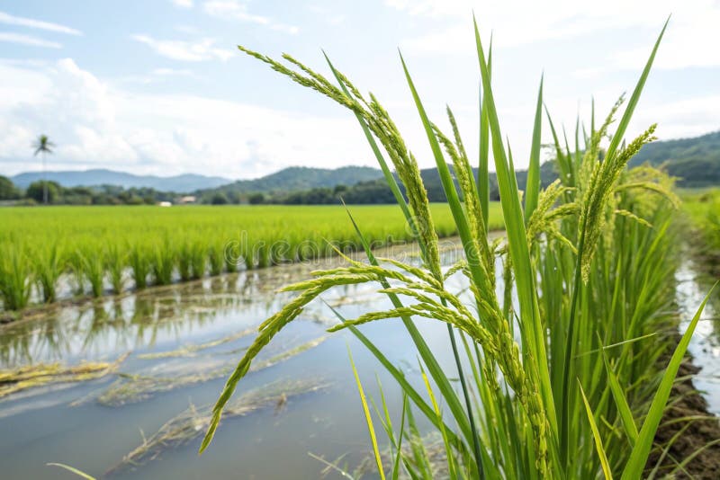 Lush Green Rice Plants Thriving in the Fields Stock Illustration ...