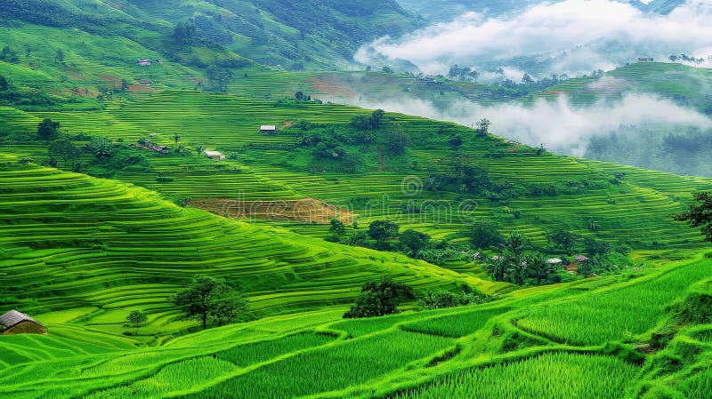Lush Green Rice Terraces Cascading Down Misty Mountains Stock Photo ...