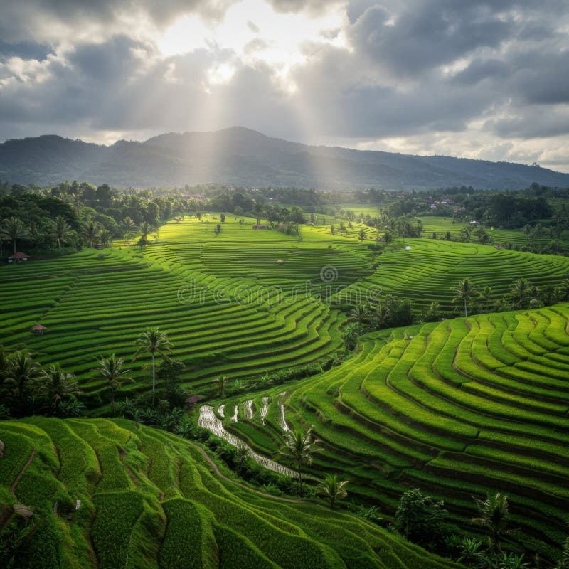Lush Green Rice Terraces Under a Dramatic Sky Stock Illustration ...