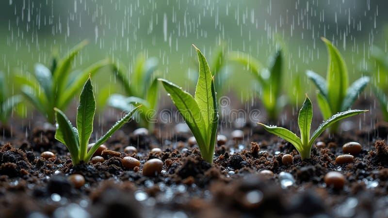Lush Green Seedlings Thriving Under Gentle Rain in Fertile Soil Stock ...
