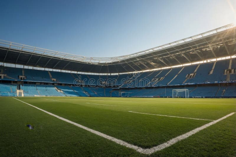 A Lush Green Soccer Field Under Blue Sky, with the Sun Casting a Warm ...