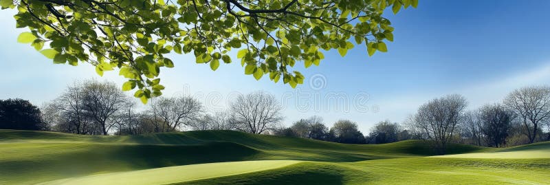 Lush Green Spring Golf Course Under a Clear Blue Sky Tranquil Landscape ...
