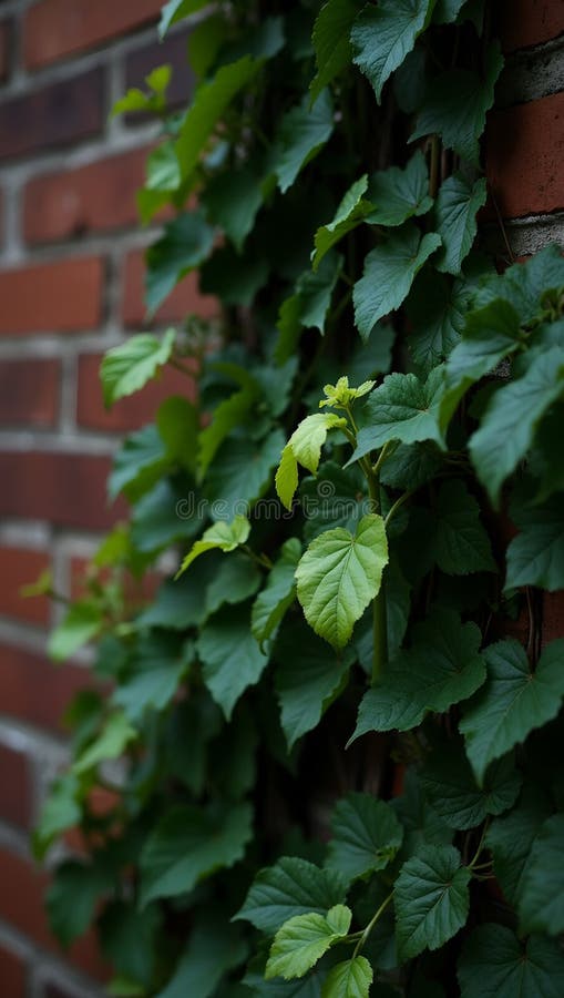 Lush Green Sprout among Dark Ivy on Brick Wall Stock Illustration ...