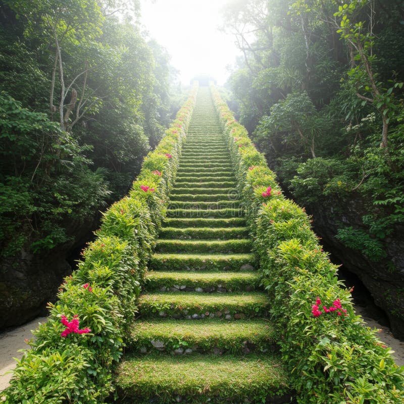 Lush Green Stone Steps Leading Upward through Tropical Foliage Stock ...