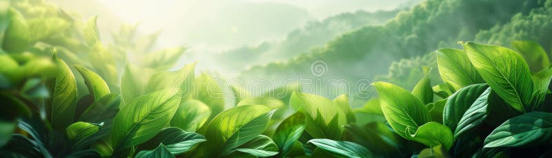 Lush Green Tea Leaves with Morning Dew Closeup Stock Illustration ...
