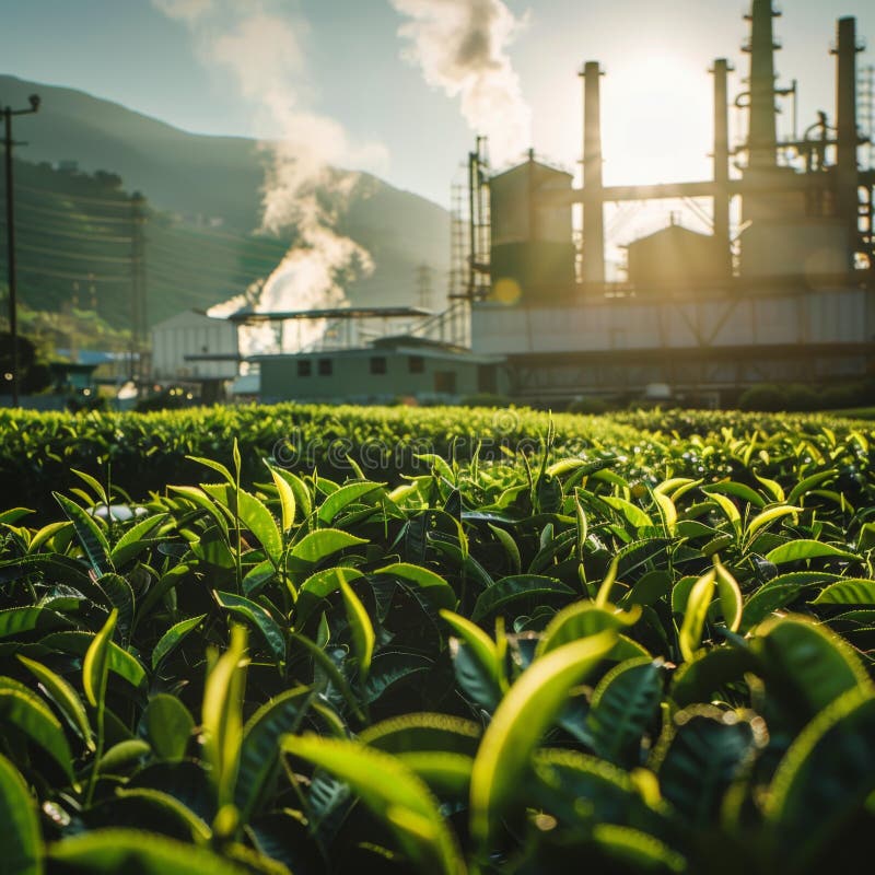Lush Green Tea Plantation with Industrial Background Stock Illustration ...