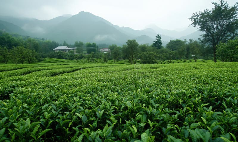 Lush Green Tea Plantation Landscape Mountains Misty Atmosphere Serene ...