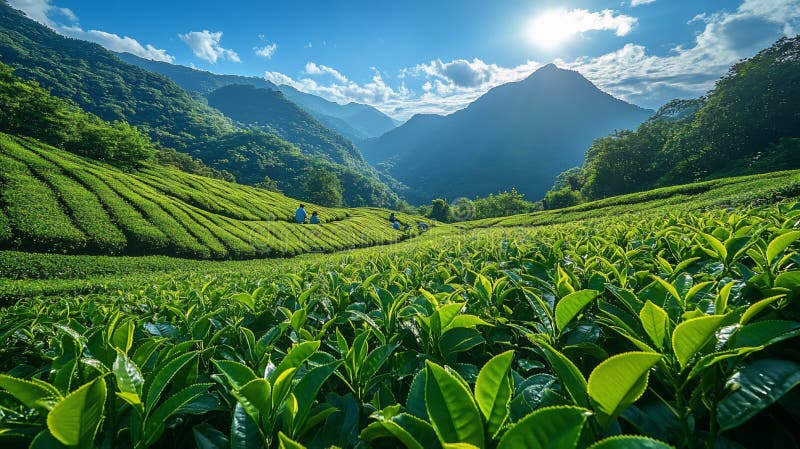 Lush Green Tea Plantation with Mountain Backdrop and Sun Shining ...