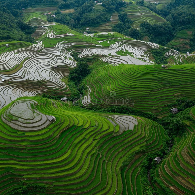 Lush Green Terraced Rice Fields Cascade Down Rolling Hills, Creating a ...