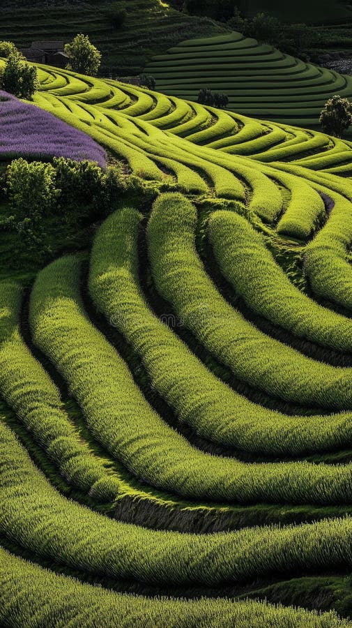Lush Green Terraced Rice Fields on Hillside Under Sunlight Stock Photo ...