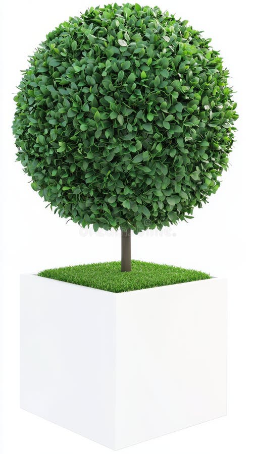Lush Green Topiary in White Planter with Grass Surface Stock ...