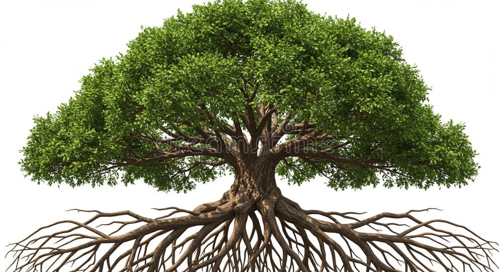 Lush Green Tree with a Broad Canopy and Extensive Roots Spreading ...