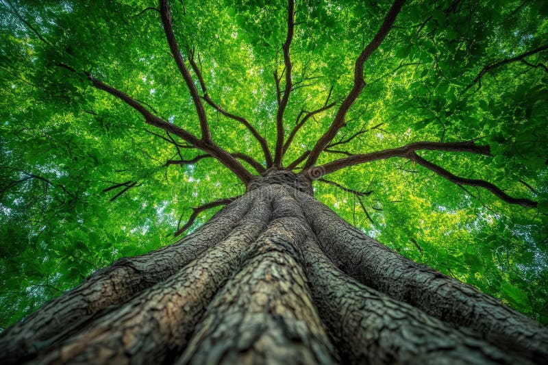 Lush Green Tree Canopy Viewed from Below Strong, Ancient Trunk Stock ...