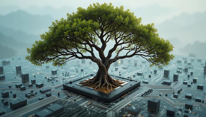 Lush Green Tree Growing from Computer Chip Stock Illustration ...