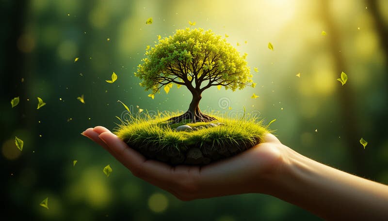 A Lush Green Tree Growing on a Human Hand of Trees Stock Illustration ...