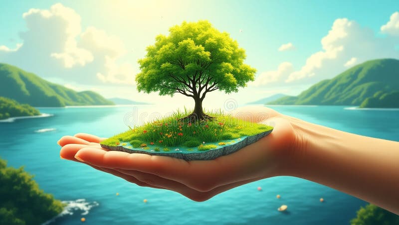 A Lush Green Tree Growing on a Human Hand of Trees Stock Illustration ...