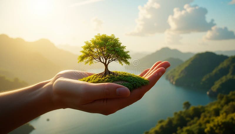 A Lush Green Tree Growing on a Human Hand of Trees Stock Illustration ...