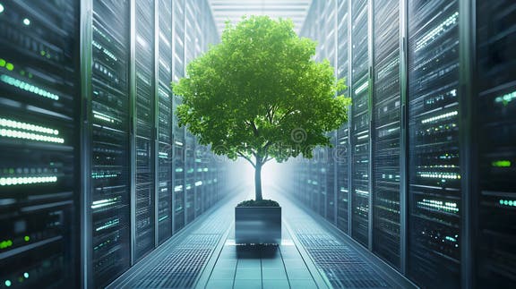 Lush Green Tree Growing in Modern Data Center with Server Racks Stock ...