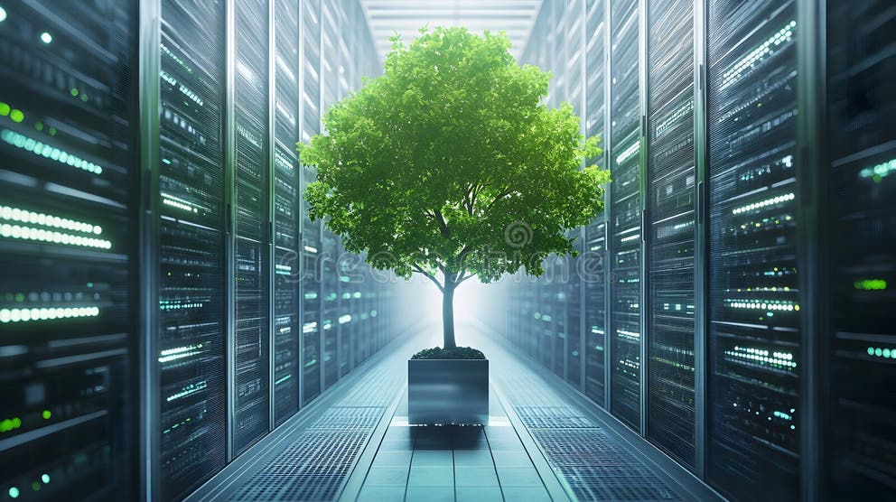 Lush Green Tree Growing in Modern Data Center with Server Racks Stock ...
