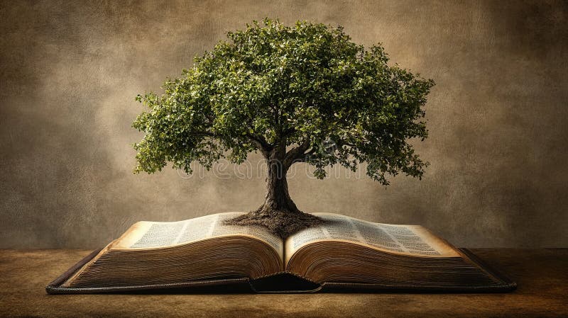 Lush Green Tree Growing from Open Antique Book Stock Image - Image of story, plant: 361175819