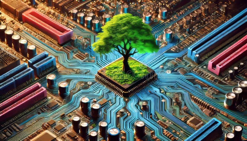 A Lush Green Tree Grows on a Microchip Surrounded by Colorful Circuit ...