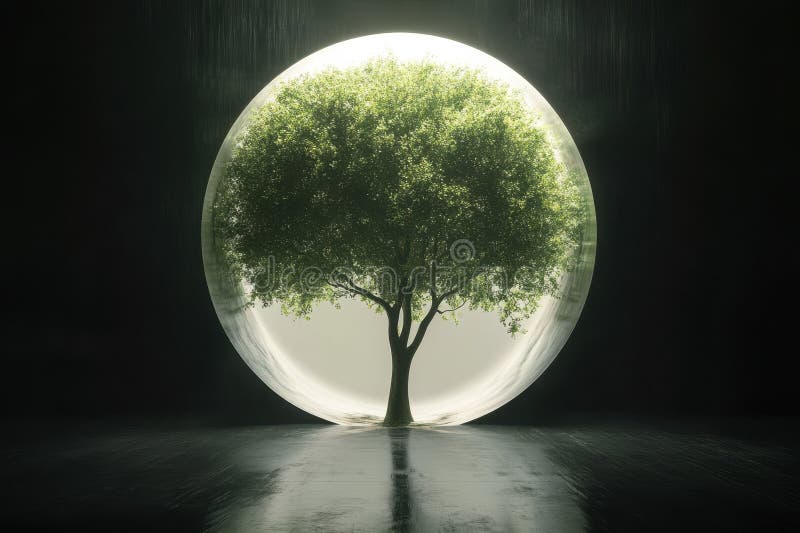 Lush Green Tree Illuminated within a Circular Void in a Dark ...