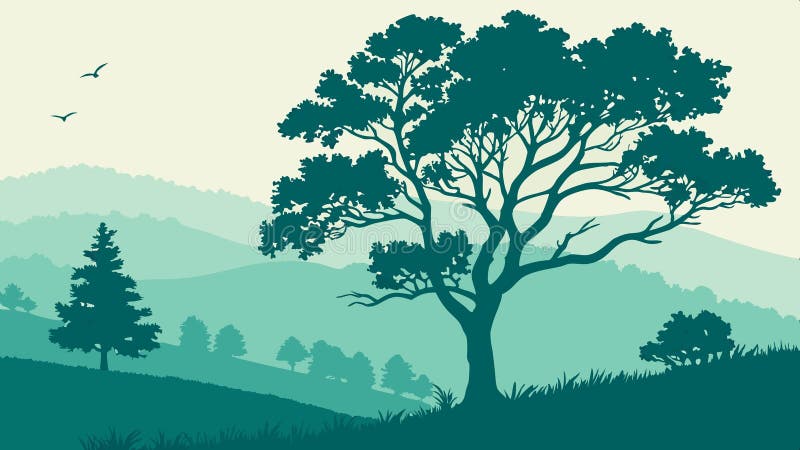 Lush Green Tree Landscape, Peaceful Nature Scenery Vector Design ...
