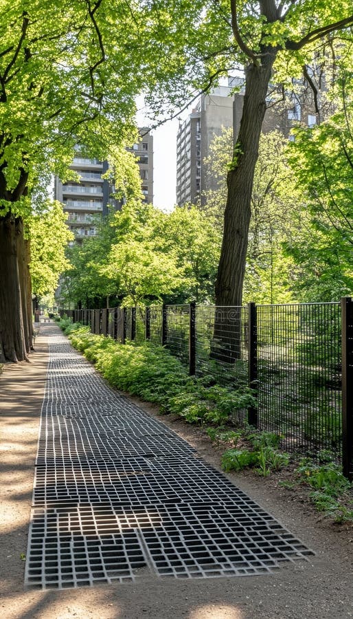 Lush Green Tree Lined Urban Path with Metal Grates and Buildings in the ...