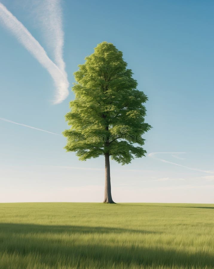 Lush Green Tree in Open Field Under Clear Blue Sky. Stock Image - Image ...