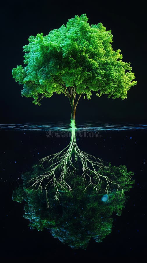 Lush Green Tree with Reflected Roots in Calm Water at Night Stock ...
