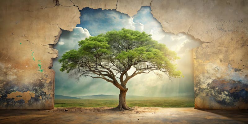 A Lush Green Tree Revealed through a Broken Wall, Symbolizing Hope and ...