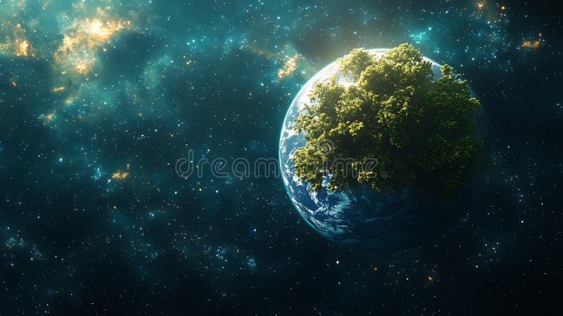 Lush Green Tree on a Small Planet in Outer Space Stock Illustration ...