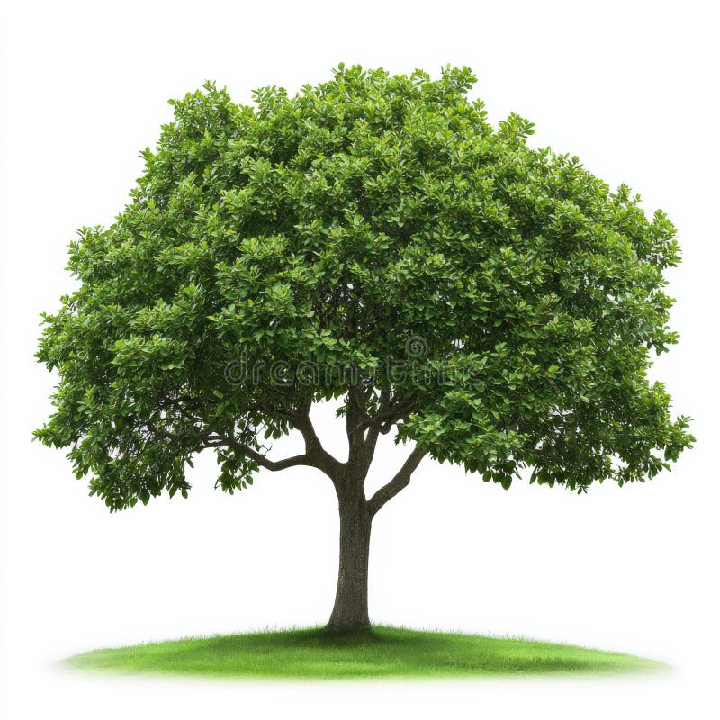 Lush Green Tree with Smooth Bark and High Branches Against White ...
