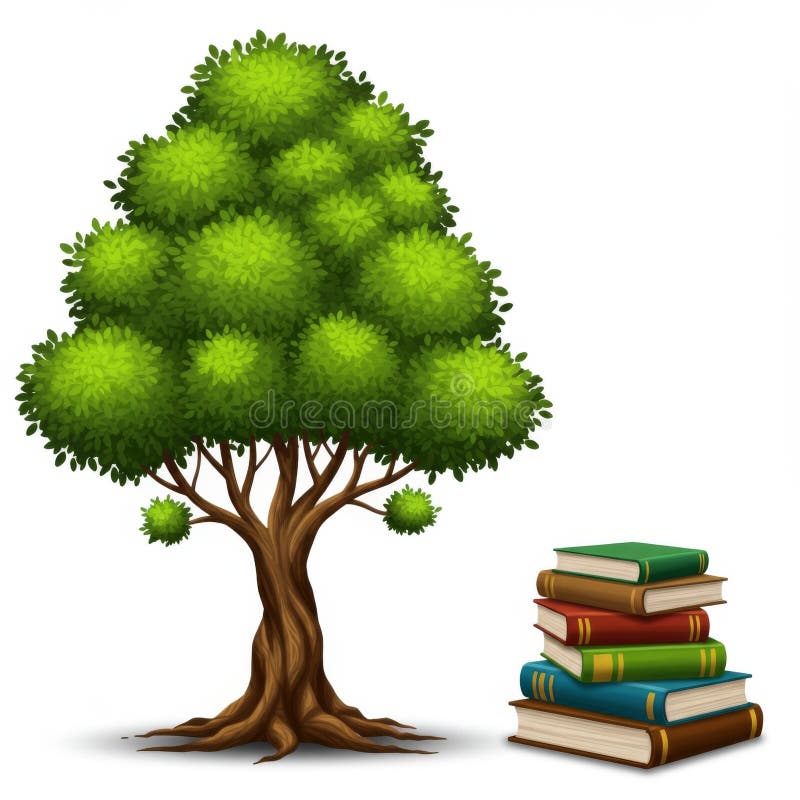 Lush Green Tree and Stack of Colorful Books on White Background Stock ...