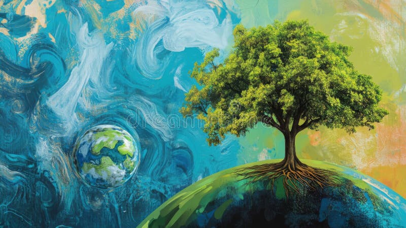 Lush Green Tree on Vibrant Planet Earth, Abstract Artistic Illustration ...