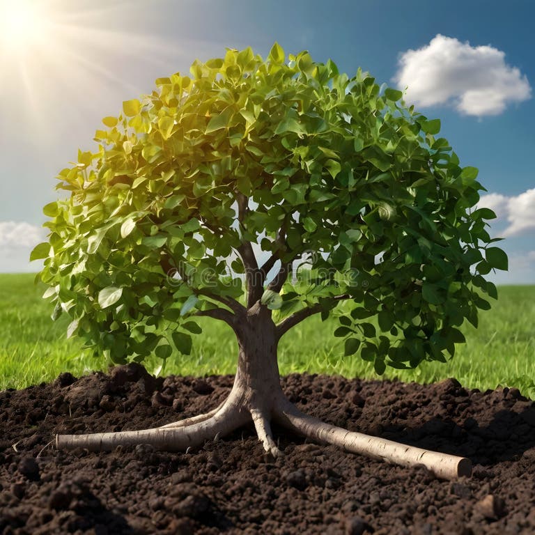 A Lush Green Tree with Visible Root System Growing on a Soil Island ...