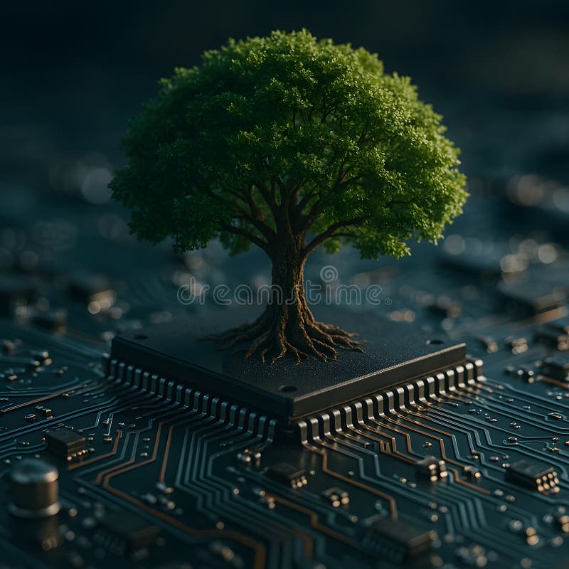 A Lush Green Tree with Visible Roots Grows from the Surface of a ...