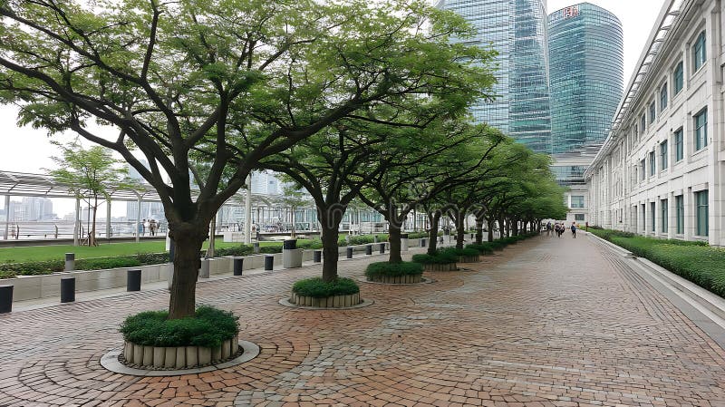 Lush Green Trees Line a Paved Pathway in a Modern City Setting Stock ...