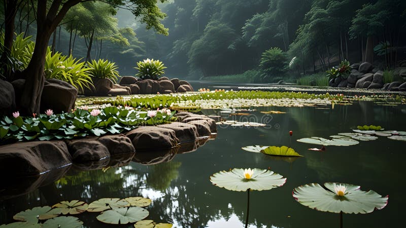 Lush Green Trees and Lotus Flowers on Serene Water Stock Illustration ...