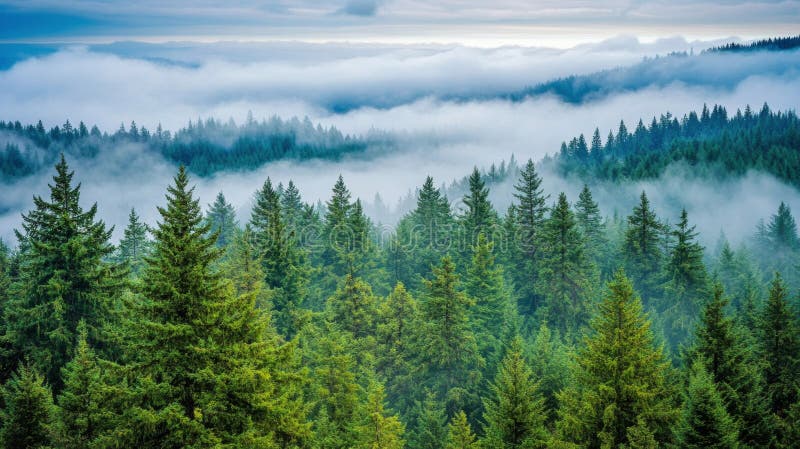 Misty Forest Landscape Showcasing Lush Green Trees and a Serene ...