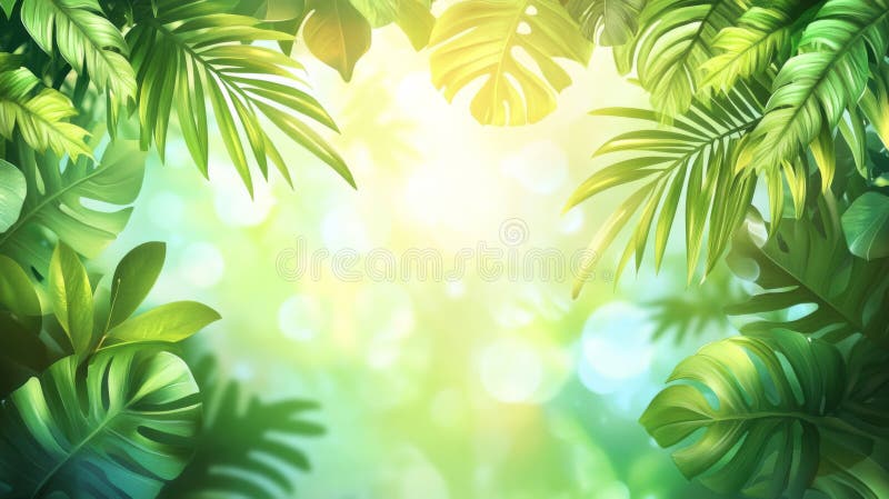 Lush Green Tropical Foliage Frame Bright Sunlight Background Stock ...