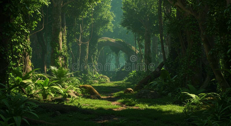 Lush Green Tropical Forest Path with Sunlight and Stone Arc Stock ...