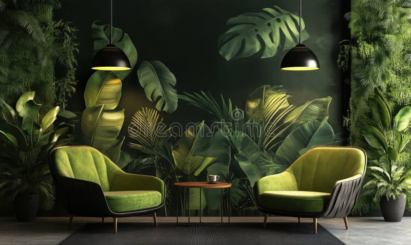 Lush Green Tropical Interior Design with Armchairs, Wall Mural, Plants ...