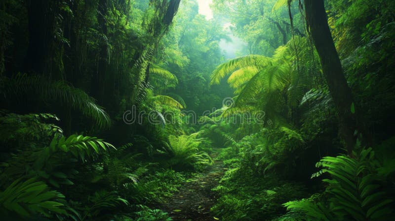 Lush Green Tropical Jungle Path Sunlight Beams Stock Illustration ...