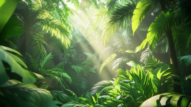 Lush Green Tropical Jungle with Sunlight Beams Stock Illustration ...