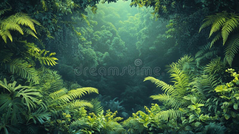 Lush Green Tropical Jungle with Sunlight and Mist Stock Illustration ...