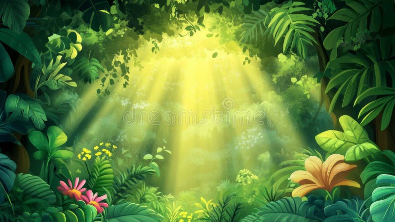 Lush Green Tropical Jungle with Sunlight Rays Stock Illustration ...