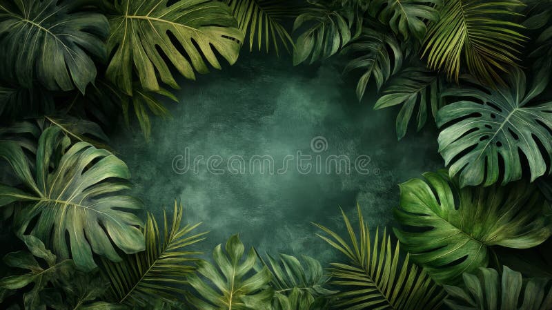 Lush Green Tropical Leaves Frame a Dark Green Background Stock ...