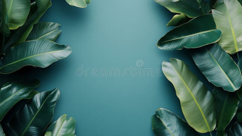 Lush Green Tropical Leaves Frame on Teal Background Stock Illustration ...