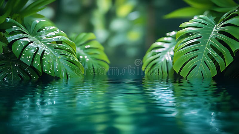 Lush Green Tropical Leaves with Water Reflections Stock Illustration ...